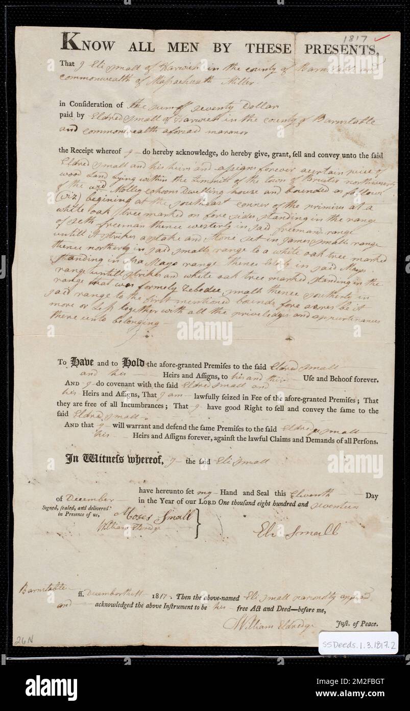 Deed of property in Brewster sold to Eldred Small of Harwich by Eli ...