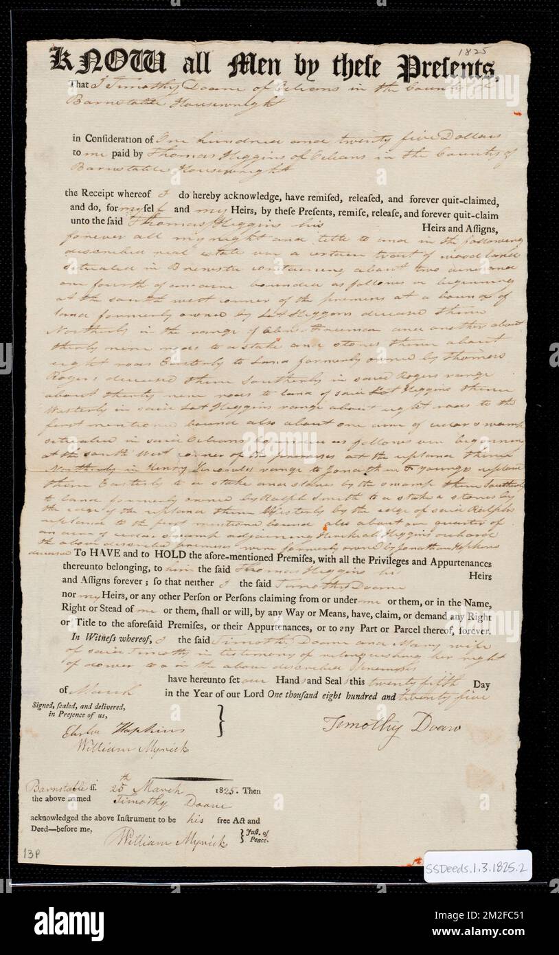 Immobilienurkunde in Brewster, verkauft an Thomas Higgins aus Orleans ...