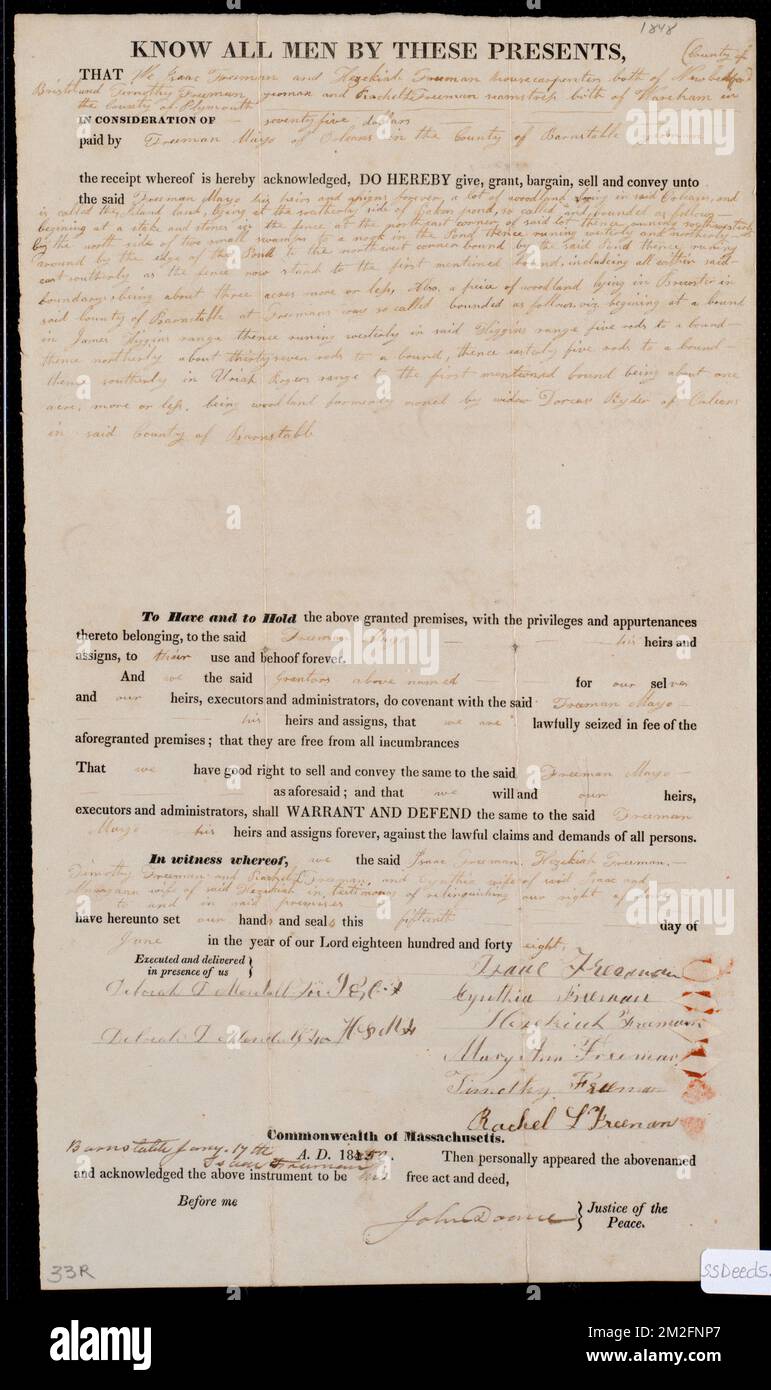 Deed of property in Orleans sold to Freeman Mayo of Orleans by Isaac ...