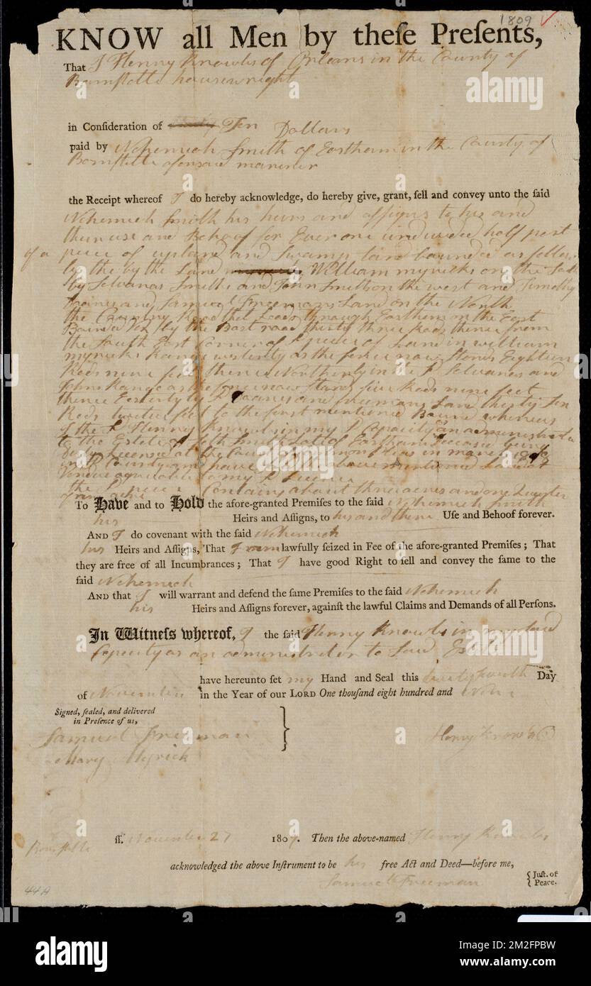 Deed of property in Orleans sold to Nehemiah Smith of Eastham by Henry ...