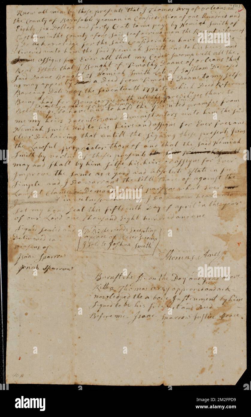 Deed of property in Orleans sold to Nehemiah Smith by Thomas Arey of ...
