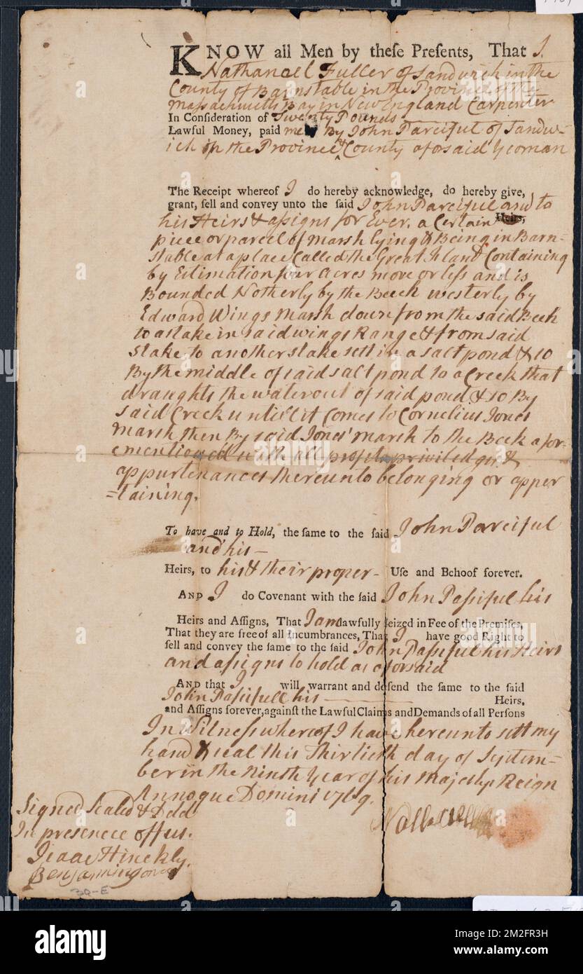 Deed of property in Sandwich sold to John Parsivell by Nathaniel Fuller ...