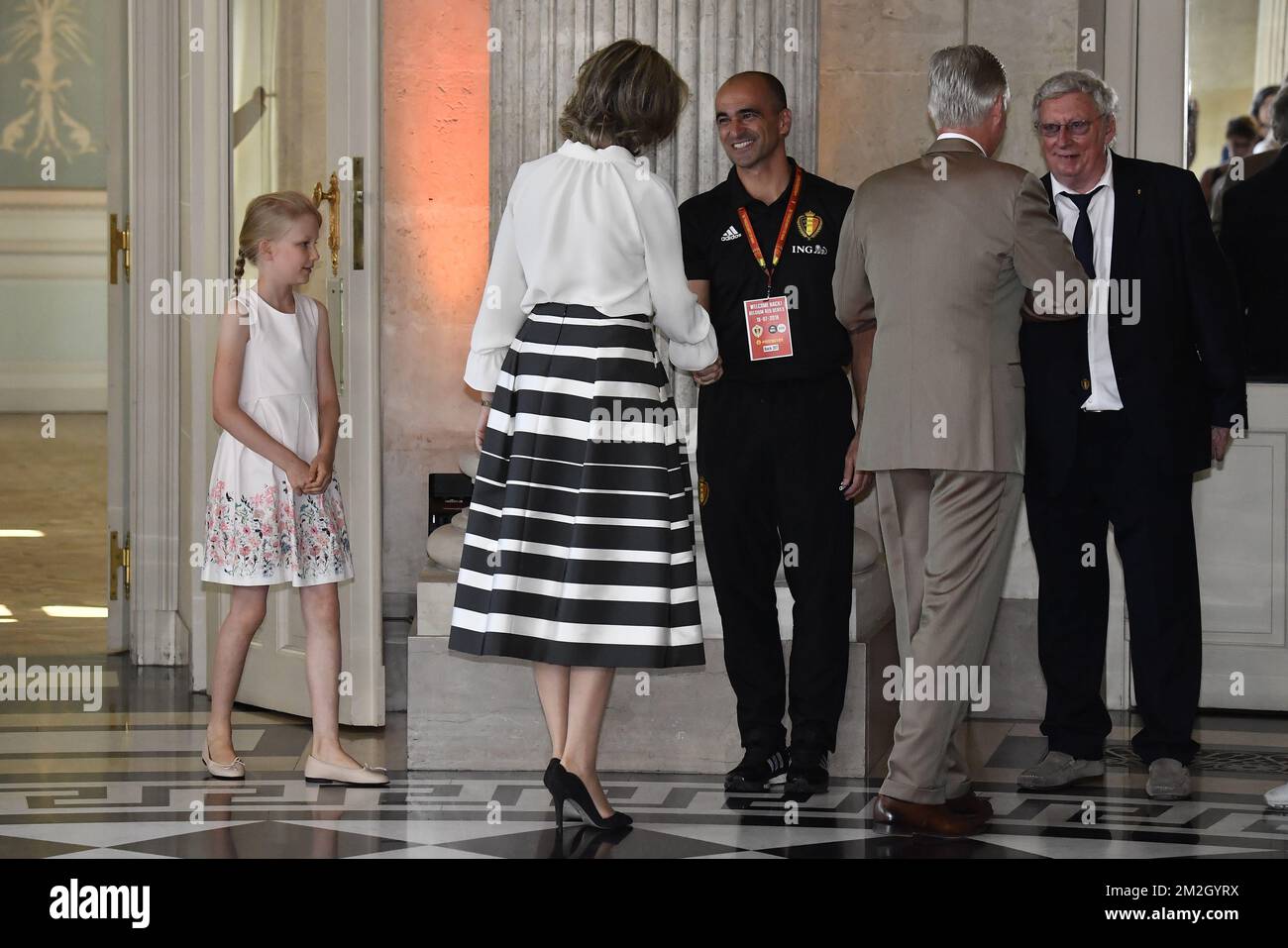 L-R, Princess Eleonore, Queen Mathilde of Belgium, Belgium's head coach ...