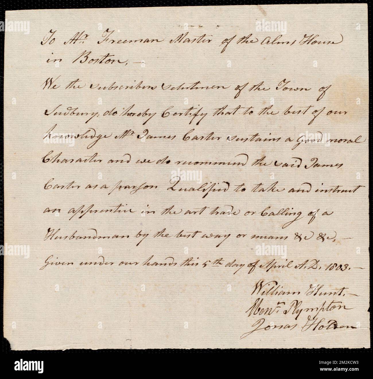 Document of indenture: Servant: Higgins, William. Master: Carter, James ...
