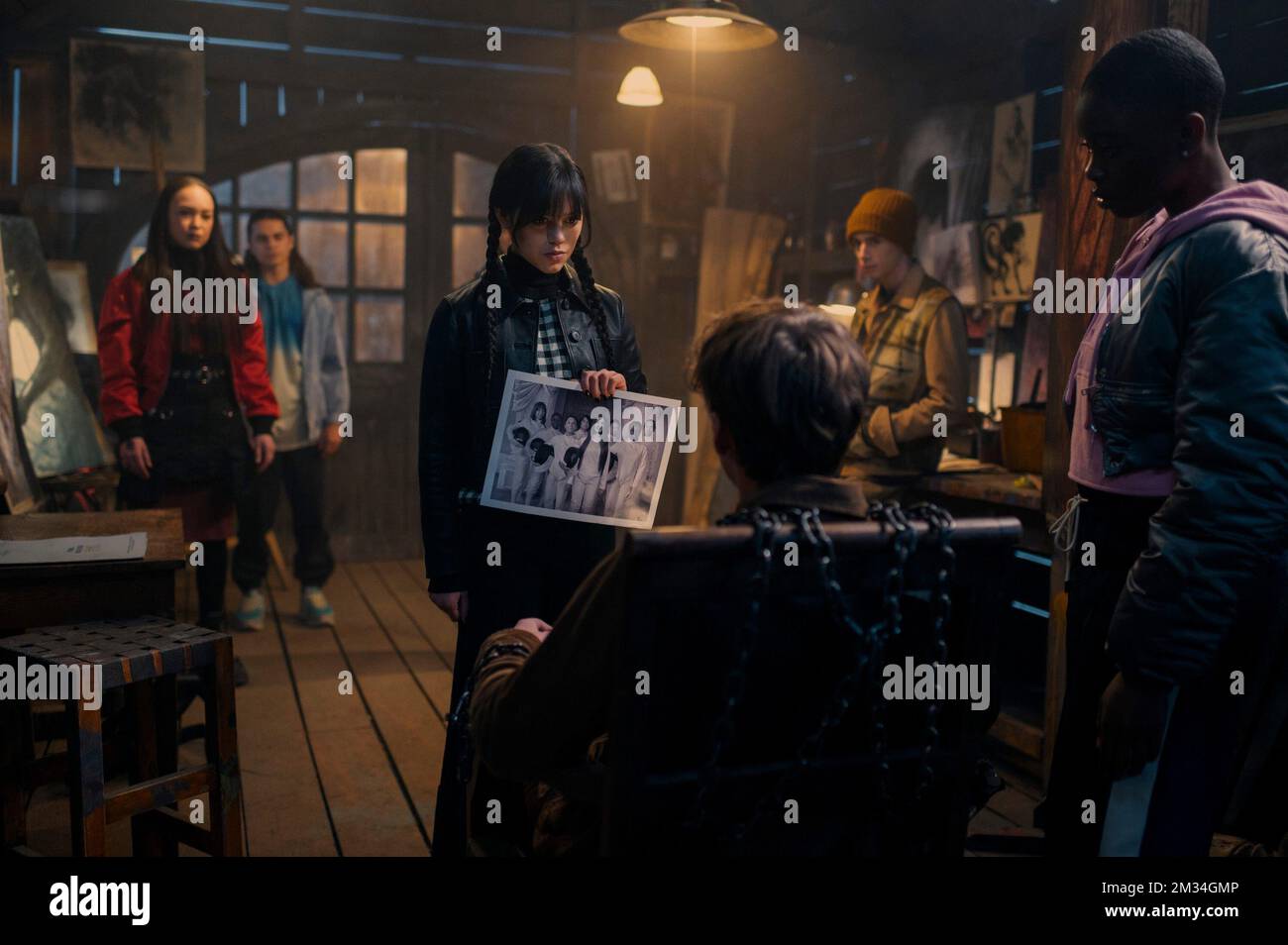 WEDNESDAY, from left: Naomi j Ogawa, Oliver Watson, Jenna Ortega ...