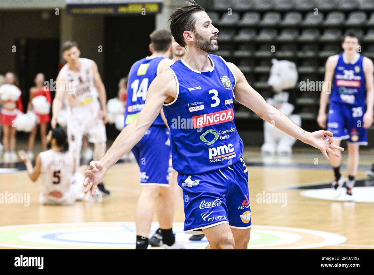 Mechelns Domien Loubry feiert nach einem Basketballspiel zwischen ...