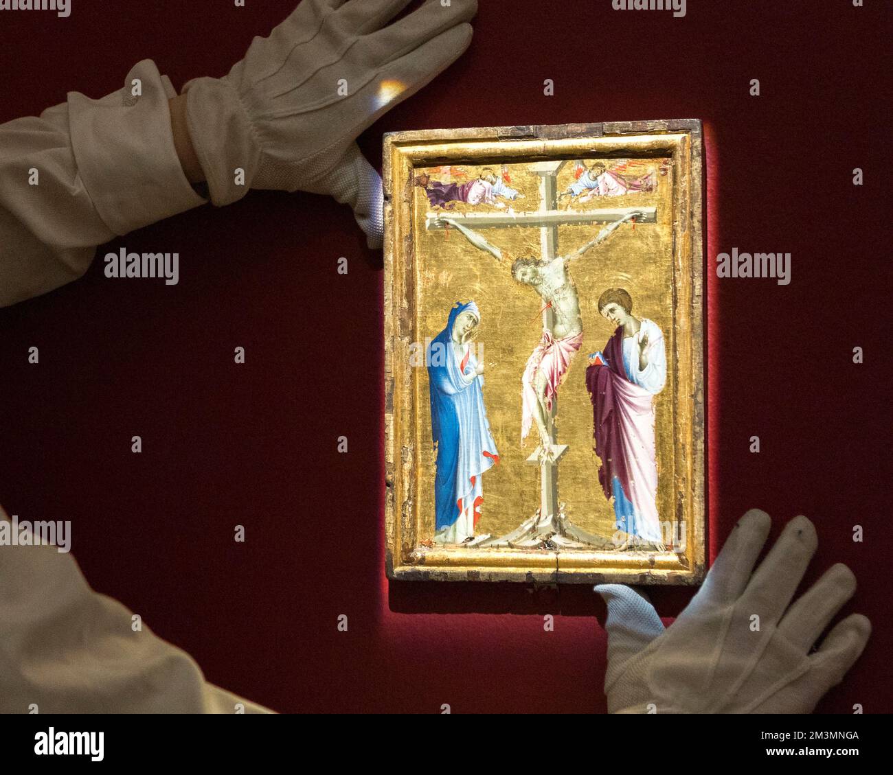 Bolognese-Schule, 13.. Jahrhundert, Kreuzigung mit der Jungfrau, Johannes der Evangelist, und ...