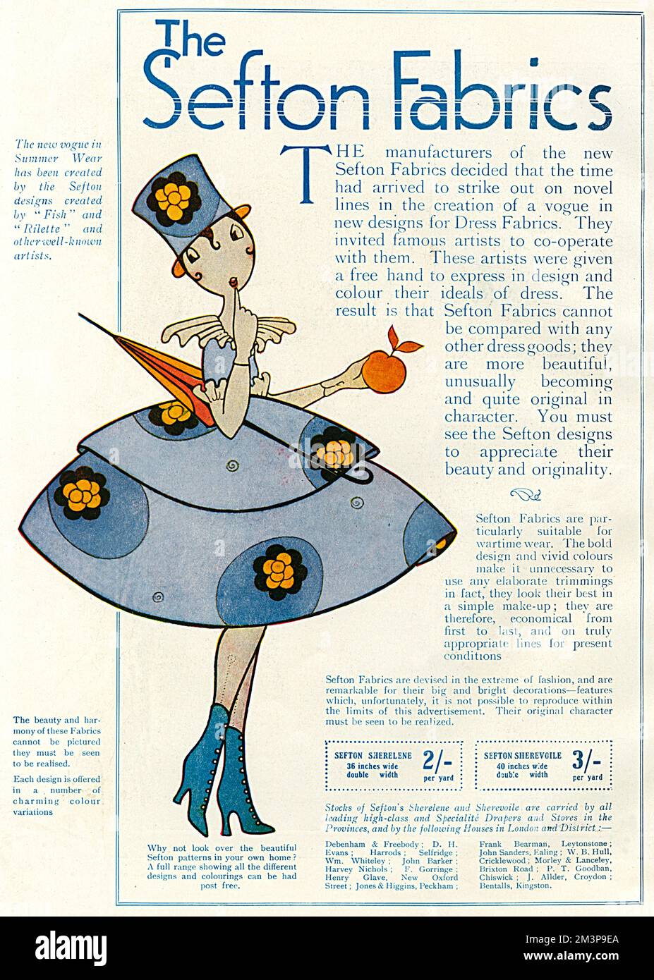 Werbung für Sefton Fabrics, in der die neuen Materialien mit Designs ...