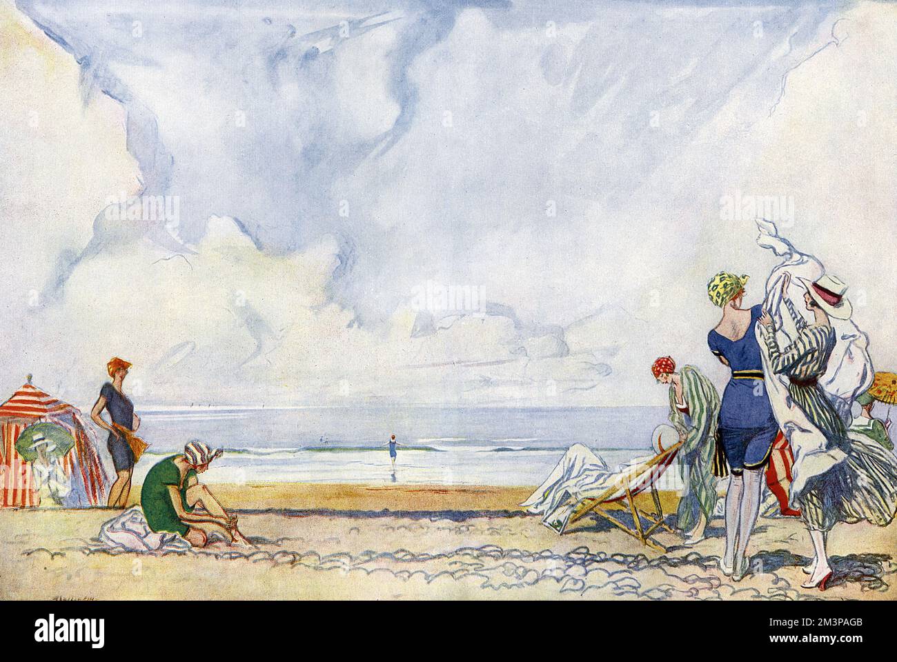 Die Badeszene zeigt Frauen in bunten Badebekleidung, die sich für ein ...