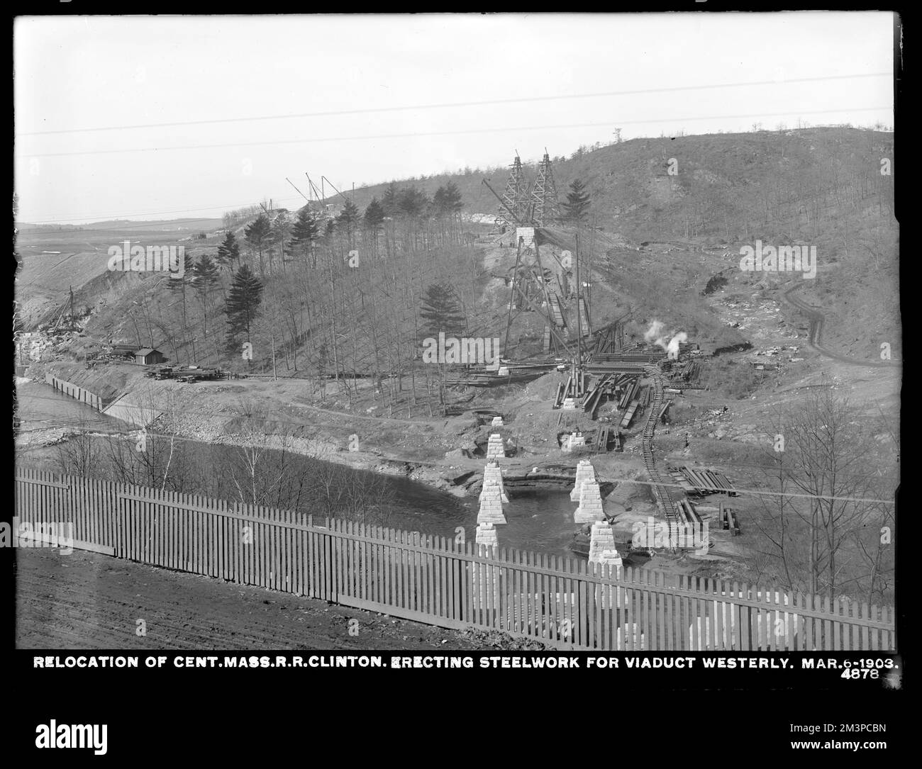 Relocation Central Massachusetts Railroad, erecting steel work for ...