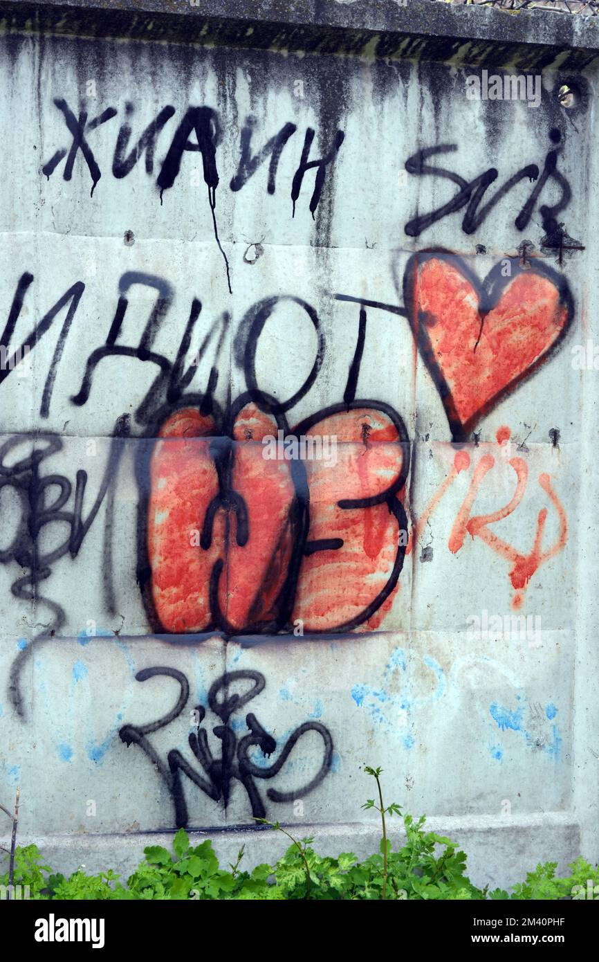 Graffiti-Wort SKGK, gezeichnet von einem Schoßhund in pinkfarbenen ...