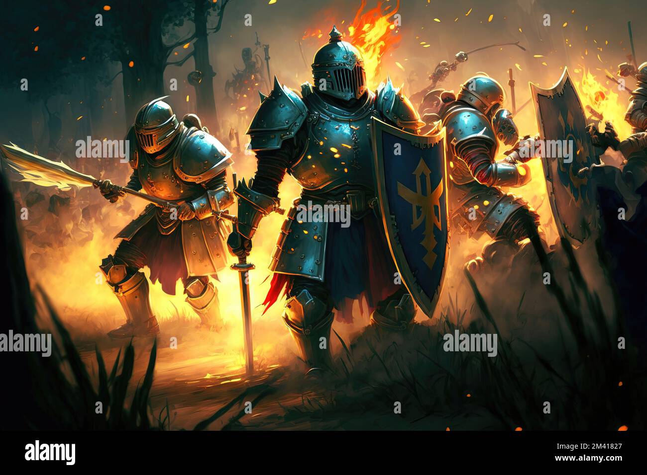 Der Kampf der Ritter in Rüstung auf dem Schlachtfeld, der Kampf des ...