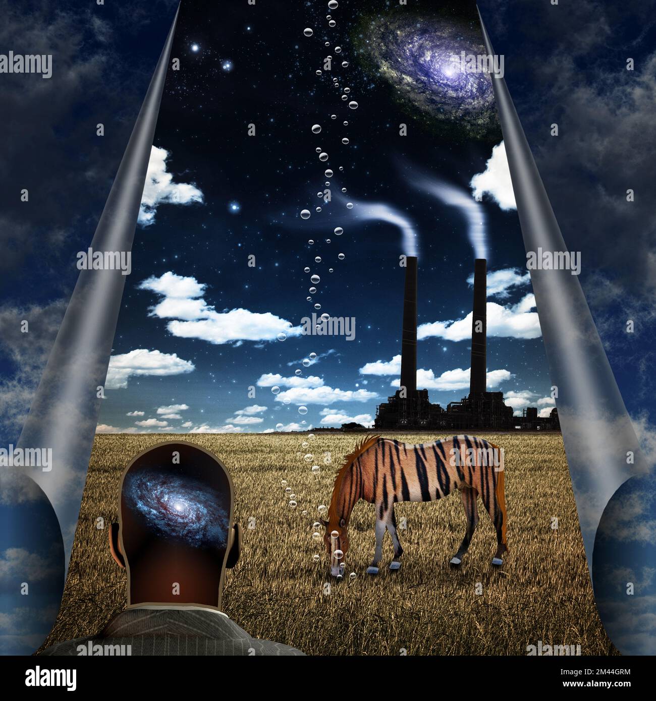 Moderner Surrealismus. Gestreiftes Pferd auf dem Feld. Mann mit ...