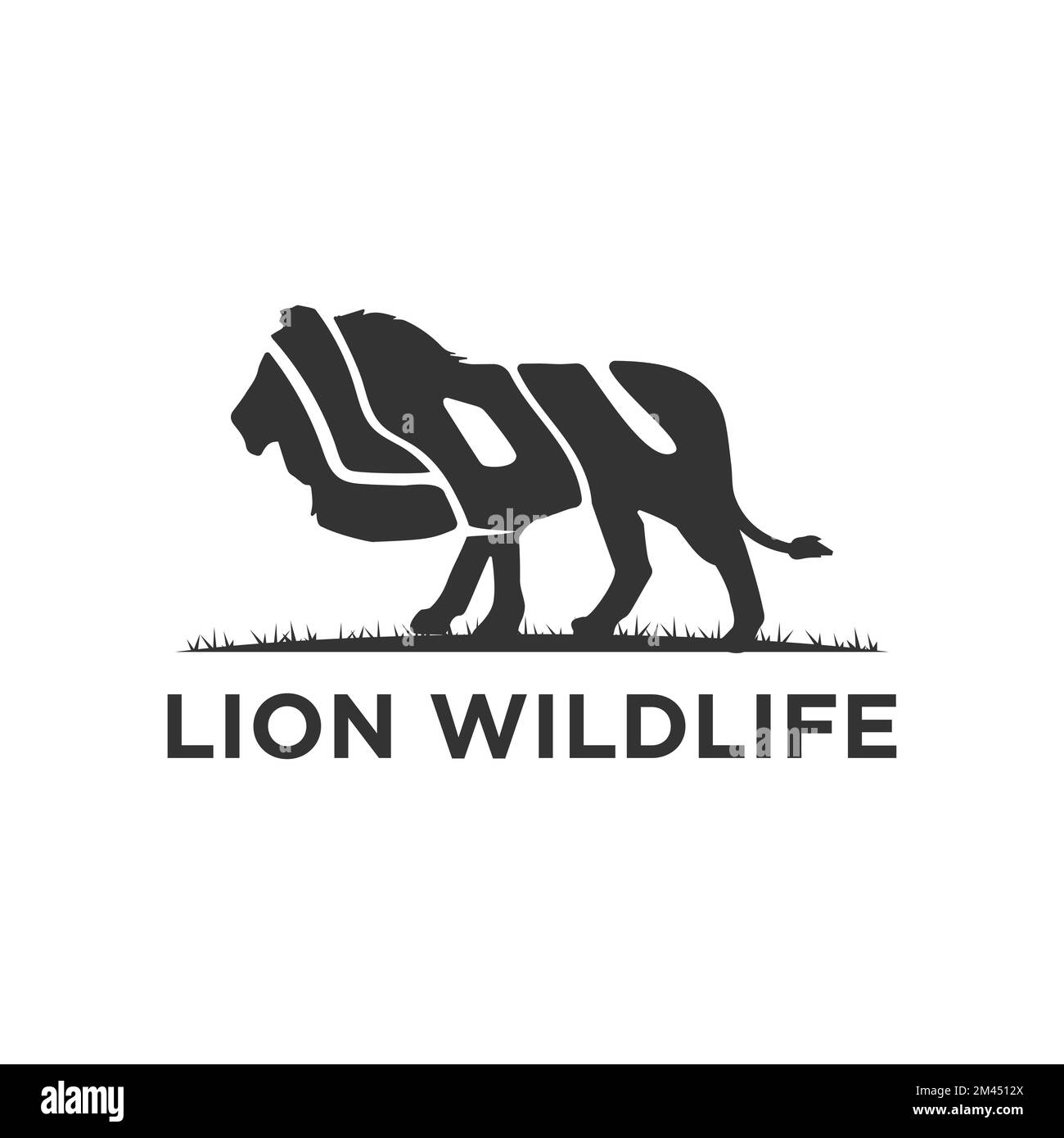 Lion Wildlife Tier Logo-Vektor, Symbol mit verkrümmtem Text in die Form ...