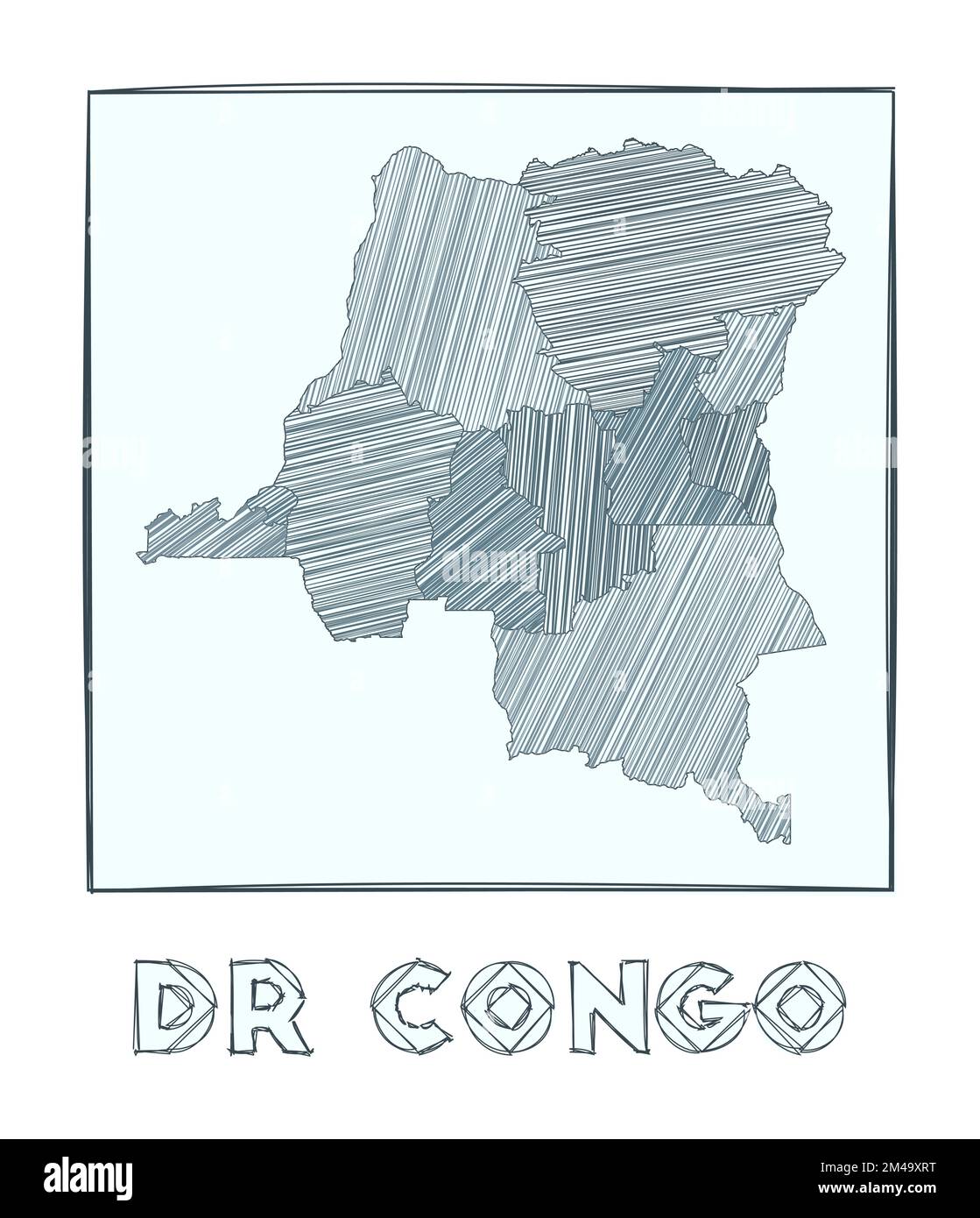 Skizzieren Sie die Karte der DR Kongo. Handgezeichnete Grauskala ...