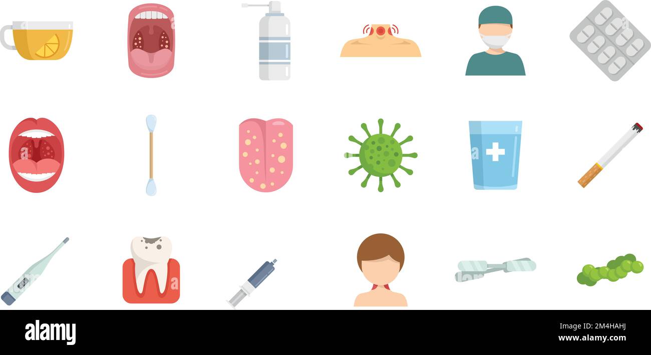 Tonsillitis-Symbole setzen Flachvektor. Tonsillen-Anatomie. Mund-Rachen ...