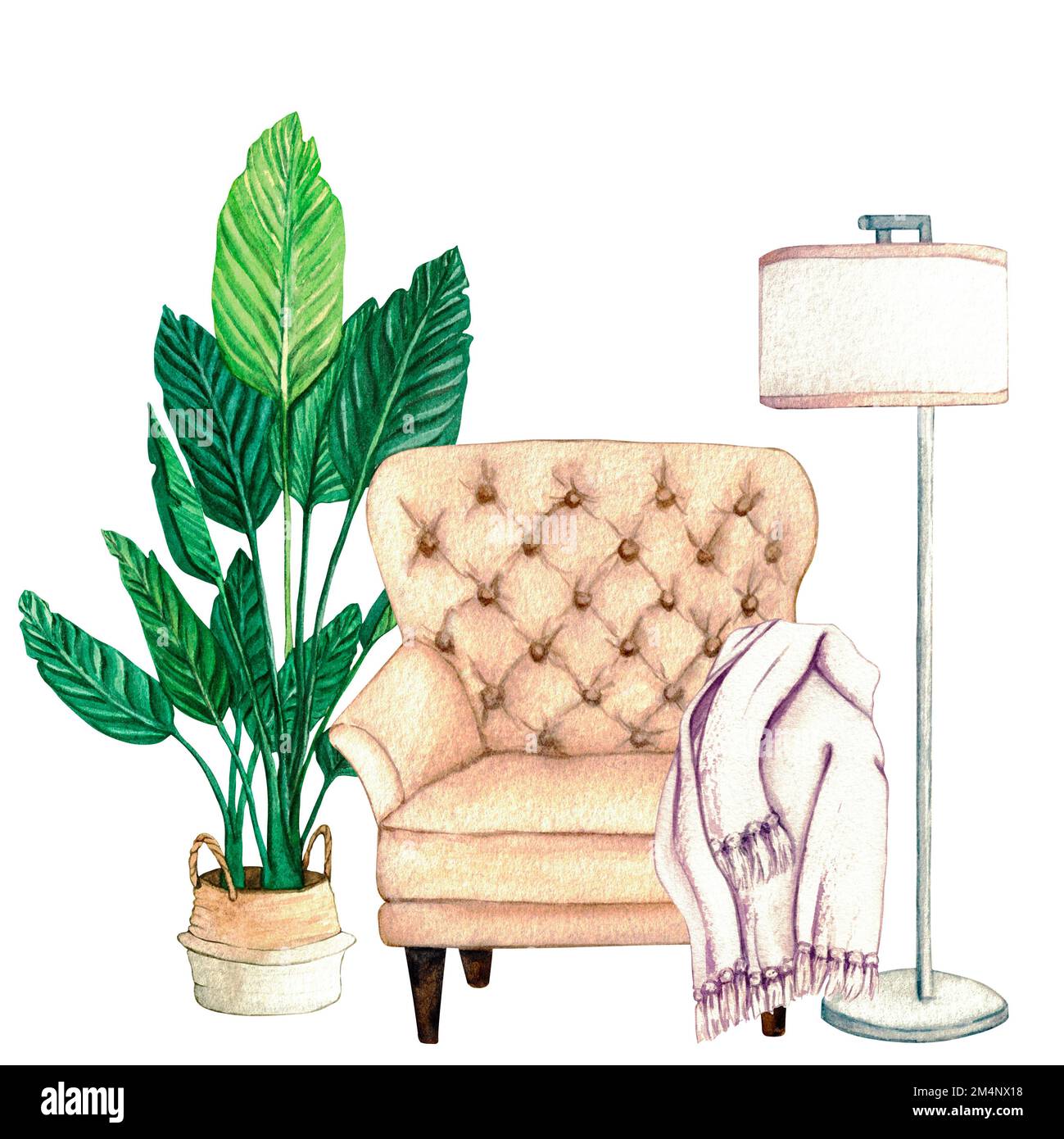 Aquarelle Illustration der Inneneinrichtung des Wohnzimmers mit ...