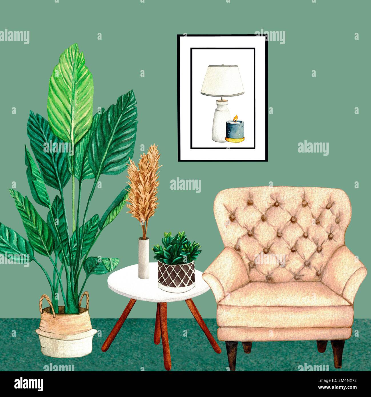 Aquarelle Illustration der Inneneinrichtung des Wohnzimmers mit ...