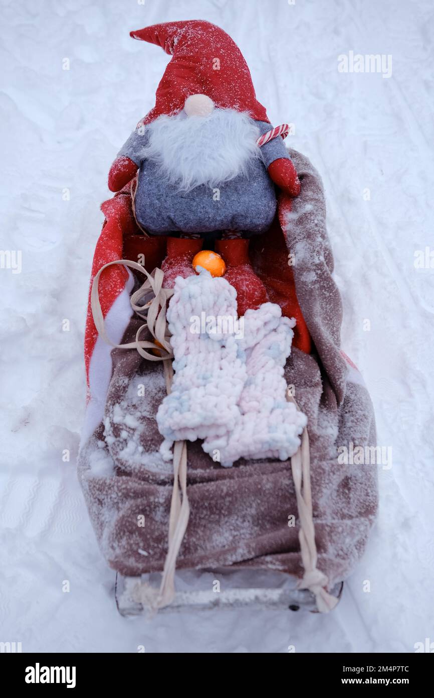 Weihnachtsmann-Gnom auf Schlitten mit Mandarine und Fäustlingen Frohe ...