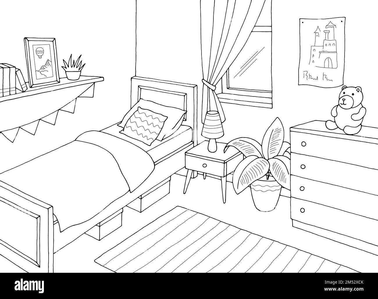 Kinder Zimmer Grafik schwarz weiß Haus Interieur Skizze Illustration ...