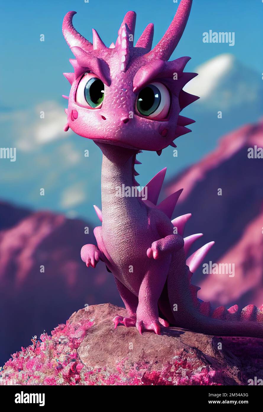 Ein mythischer pinkfarbener Drache, der im Stil von 3D in verschiedenen ...
