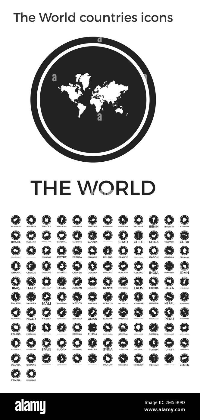 Die Symbole der Länder der Welt. Schwarze runde Logos mit Karten und ... Die Symbole der Länder der Welt. Schwarze runde Logos mit Karten und ...