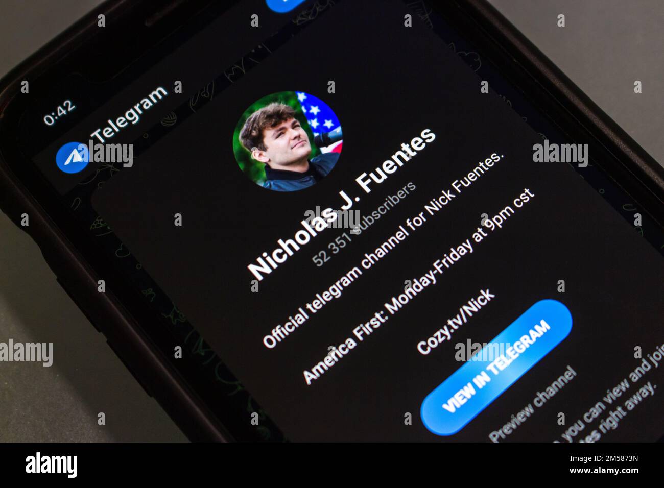 Vancouver, KANADA - Dez 9 2022 : Nick Fuentes Telegram-Senderseite auf ...