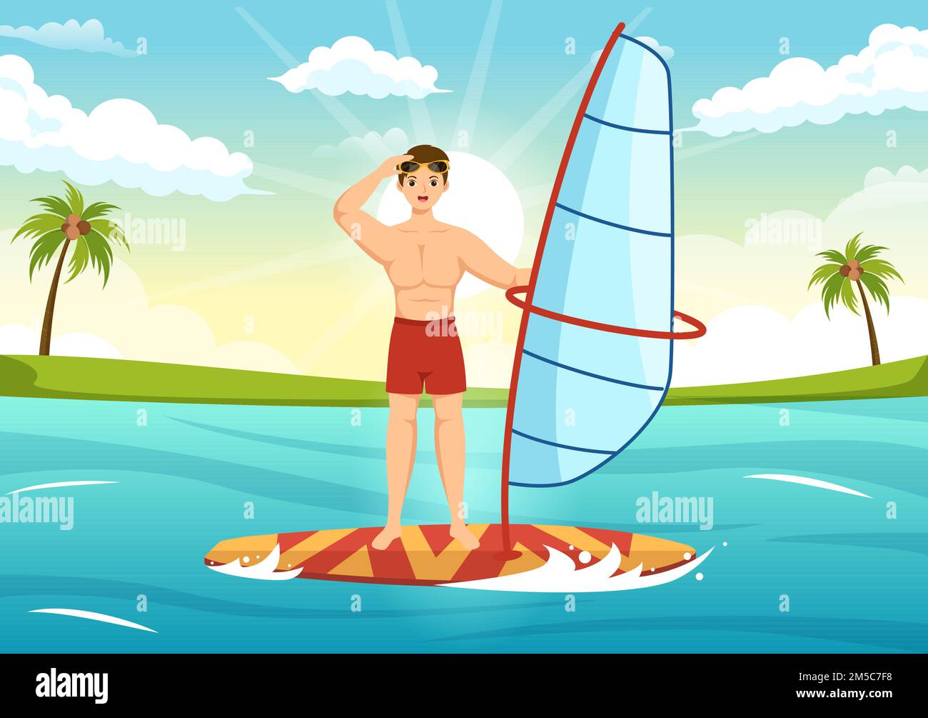 Windsurfen mit der Person, die auf dem Segelboot steht und die Segel ...