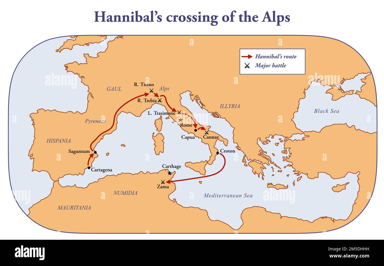 Karte mit der Route zur Überquerung der Alpen durch Hannibal ...