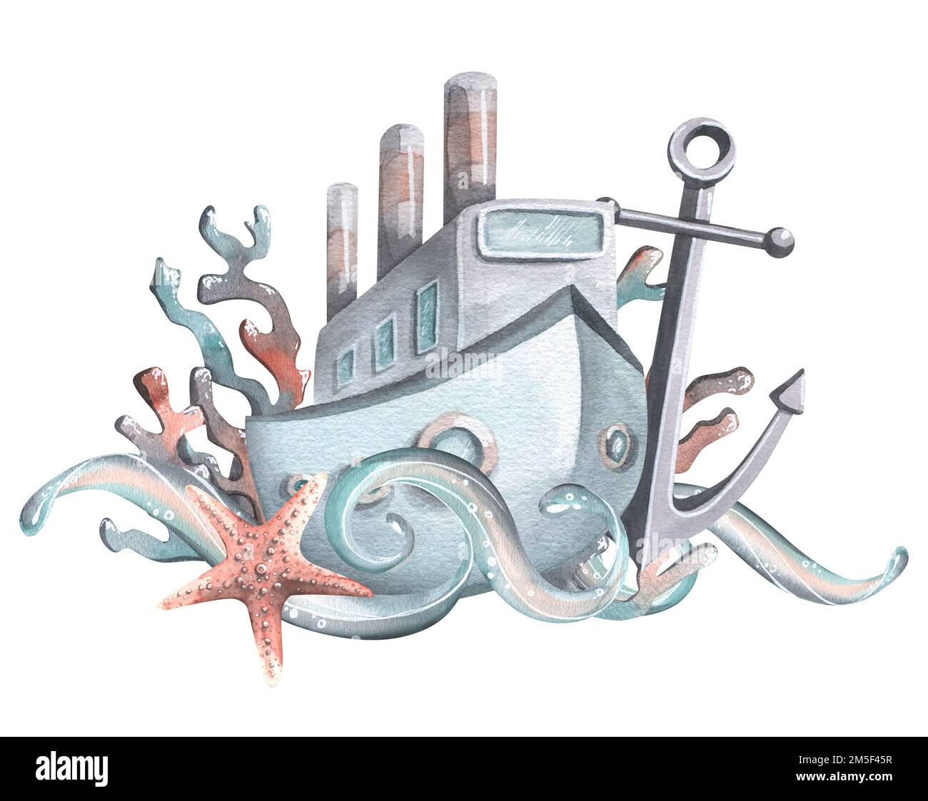 Ein Boot, ein Dampfschiff mit Wellen, ein Anker, Korallen und ein ...