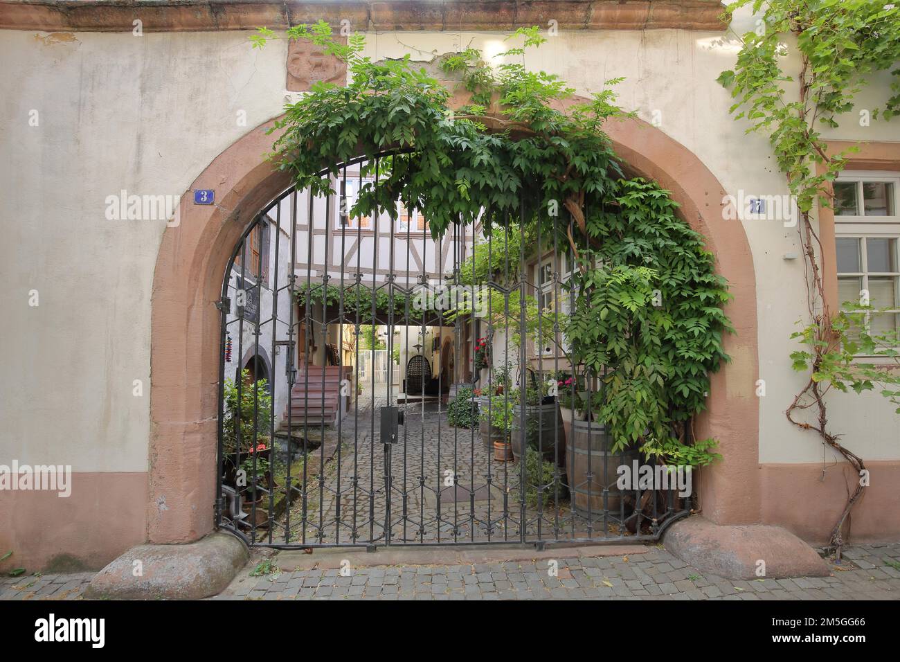 Blick durch einen Torbogen in einen idyllischen Innenhof, Hinterhof in ...