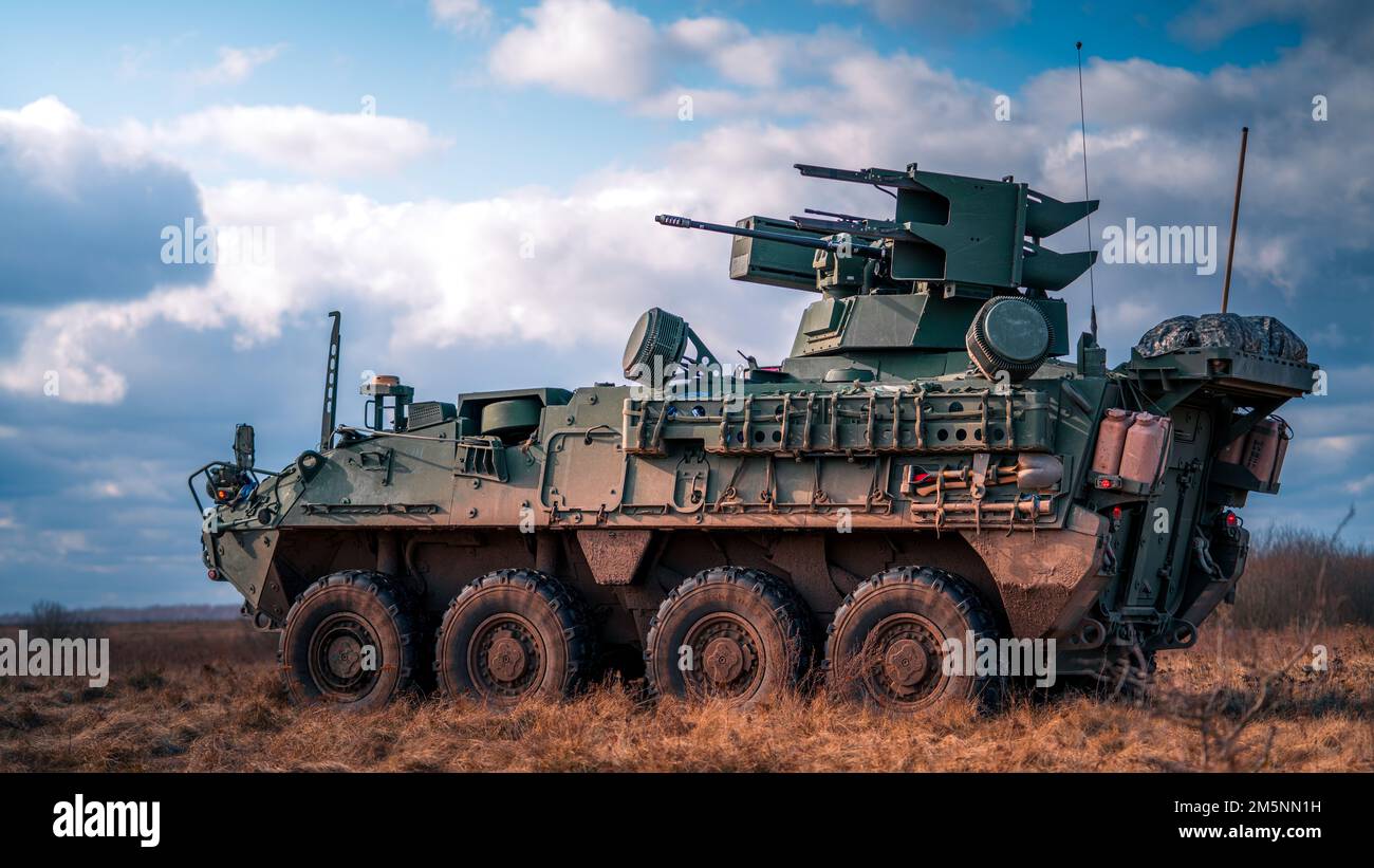Ein Prototyp-Handwerker Short Range Air Defense Stryker, dem 5-4 Air Defense Artillery Battalion ...