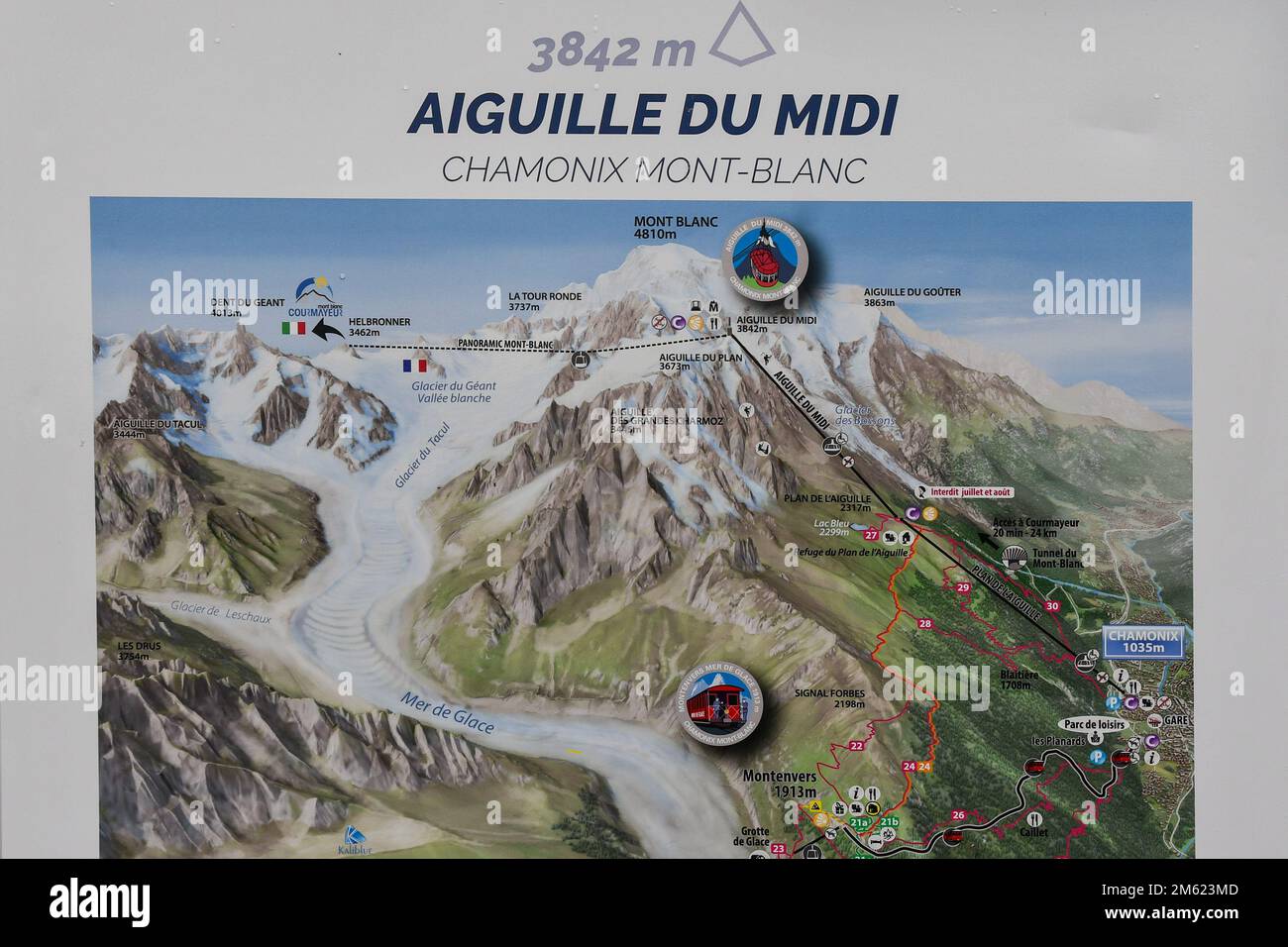 Nahaufnahme einer Karte der Seilbahn Aiguille du Midi im Mont Blanc Massiv mit dem Gletscher Mer ...