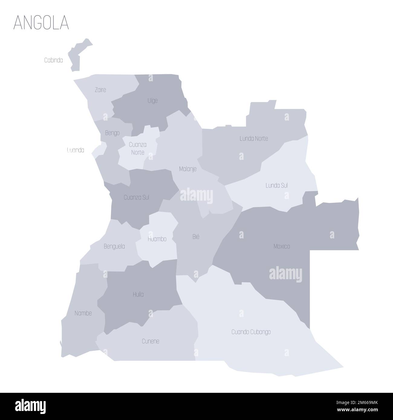 Angolanische politische Karte der Verwaltungsabteilungen - Provinzen. Graue Vektorkarte mit ...