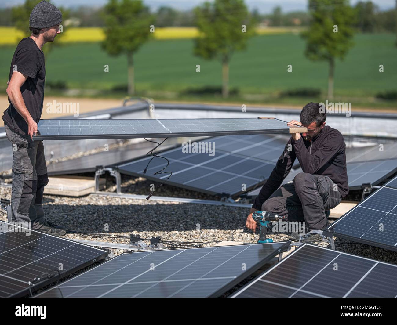 Männliche Teamingenieure, die eigenständige Solarpaneele installieren ...