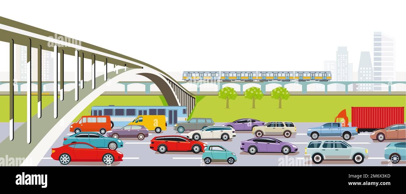 Autobahn mit Expresszug, Bus und Pkw, Illustration Stockfotografie - Alamy