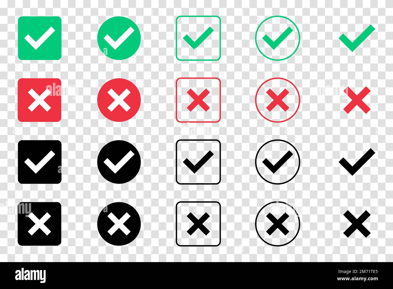 Grüne Häkchen und rote Kreuz-Symbolgruppe. Isolierte Häkchensymbole ...