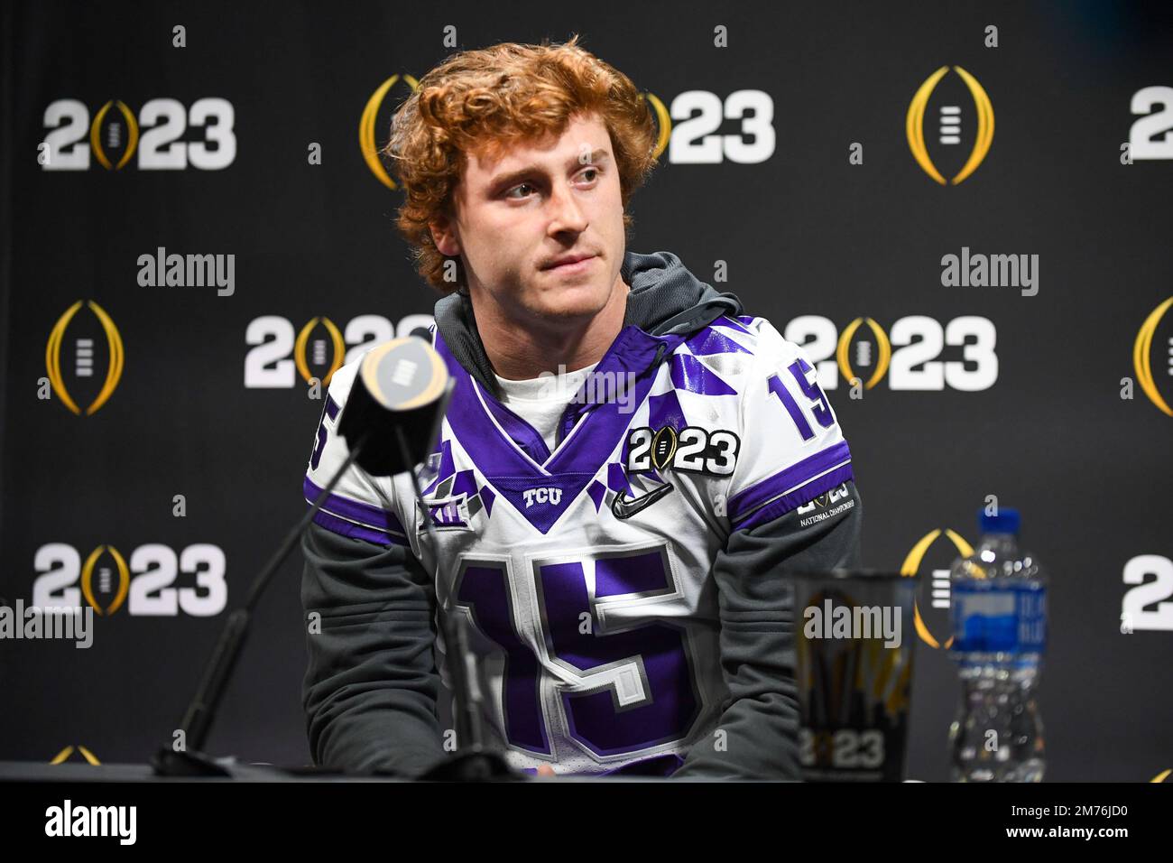 TCU-Quarterback Max Duggan (15) während des National Championship Media ...