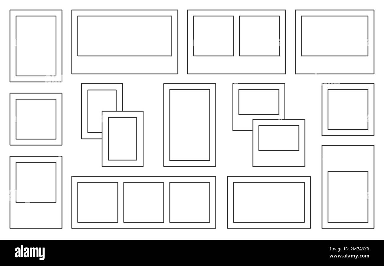 Fotorahmen, leere Vorlage, Rand, schwarze Linie gesetzt. Design Collage ...