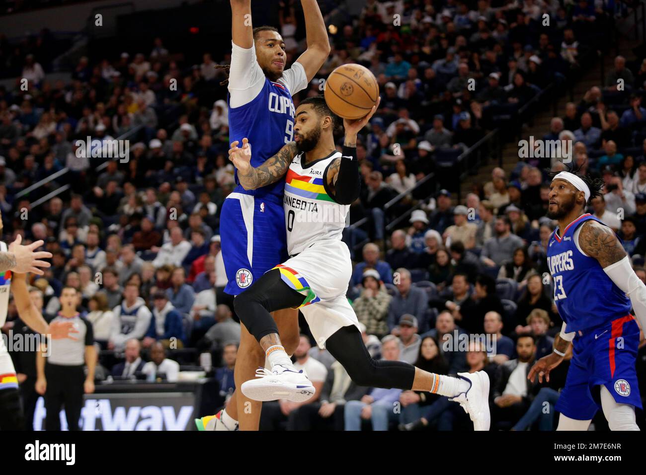 Minnesota Timberwolves guard D'Angelo Russell (0) passes the ball under ...