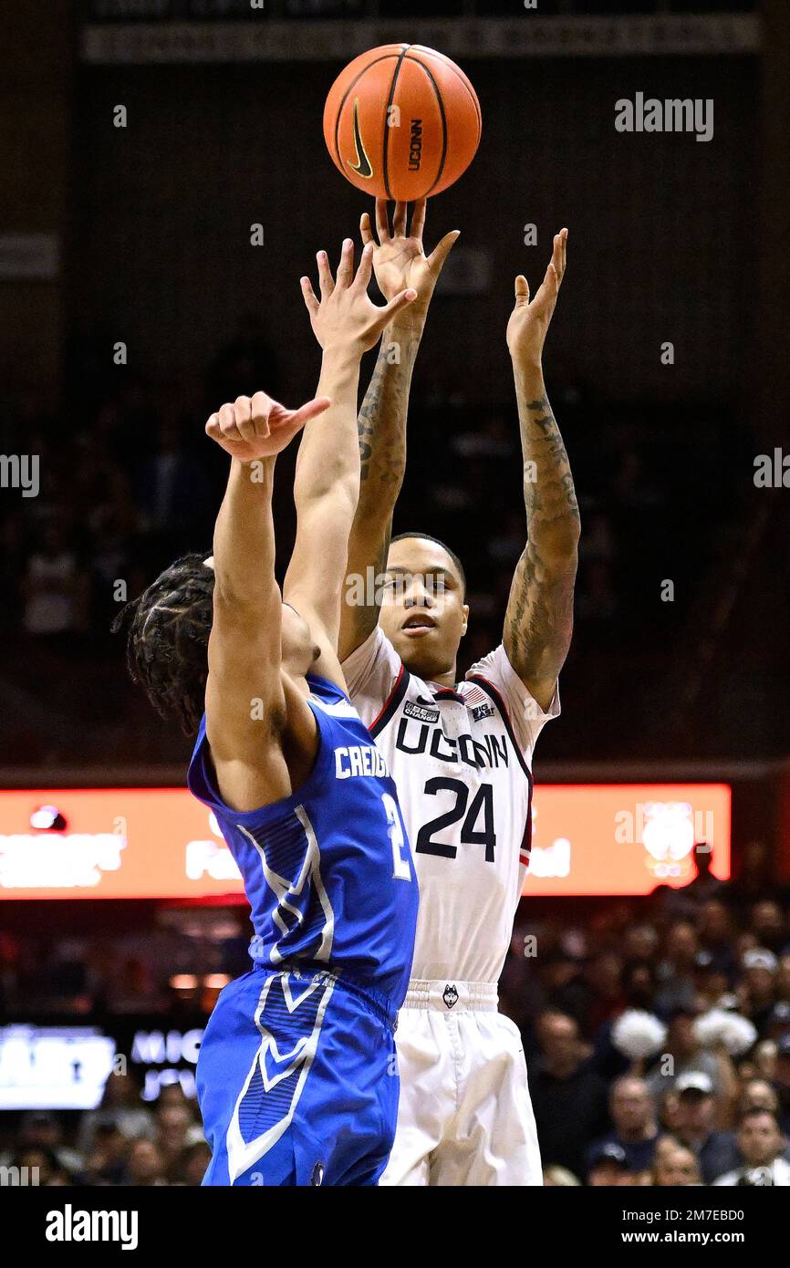 Connecticut's Jordan Hawkins (24) shoots a 3-point basket over ...