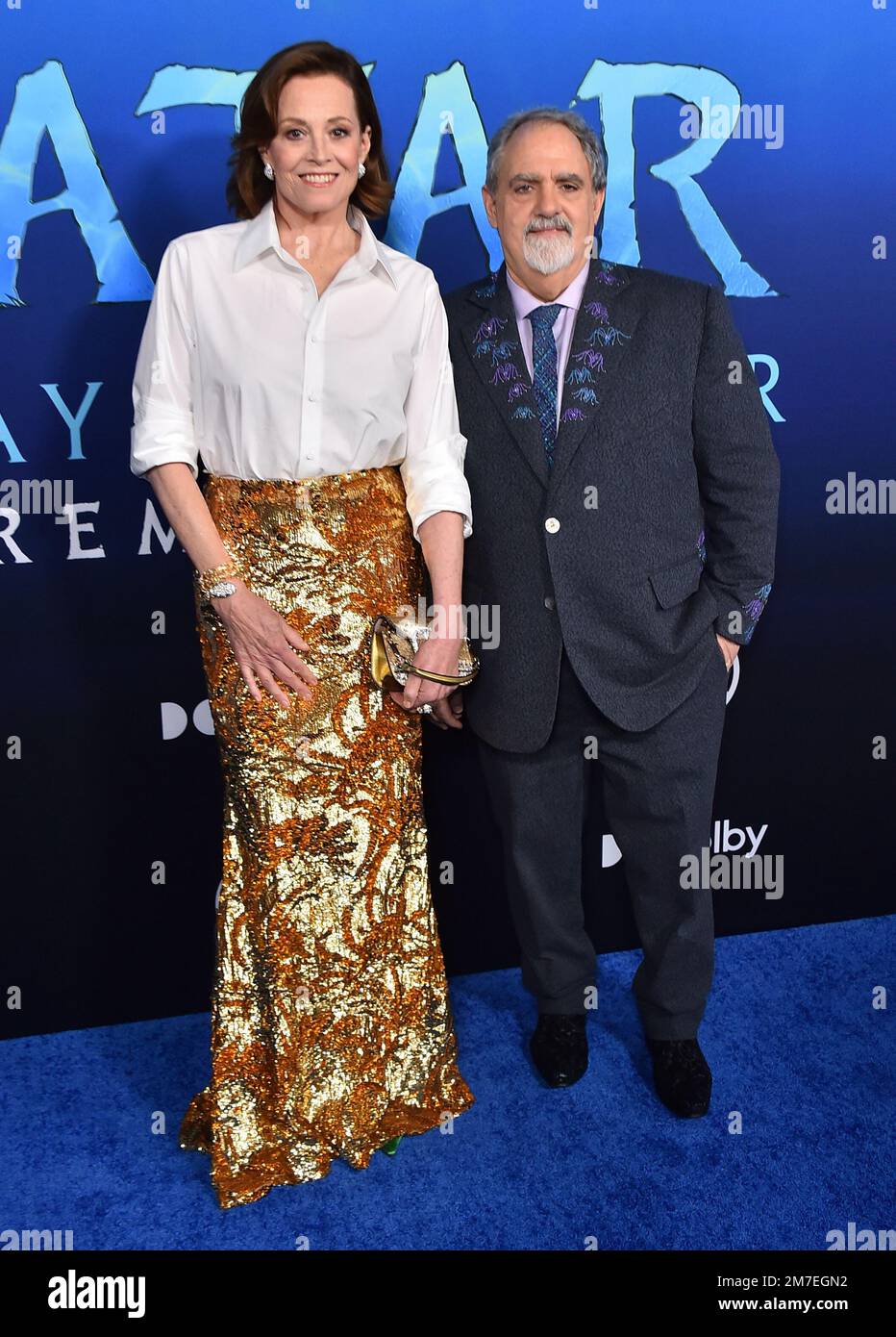 Sigourney Weaver, left, and Jon Landau arrive at the U.S.premiere of "Avatar: The Way of Water ...