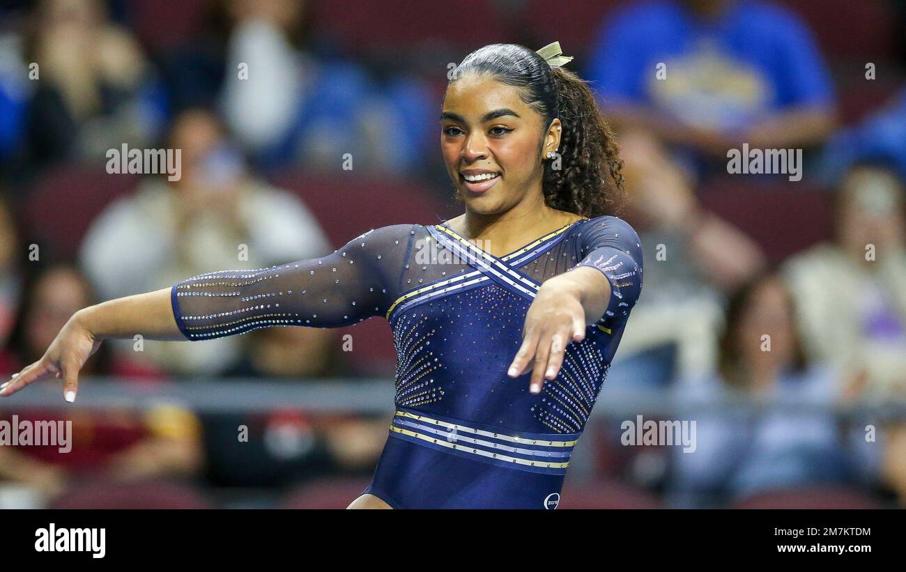 California's eMjae Frazier competes on the floor exercise during an ...