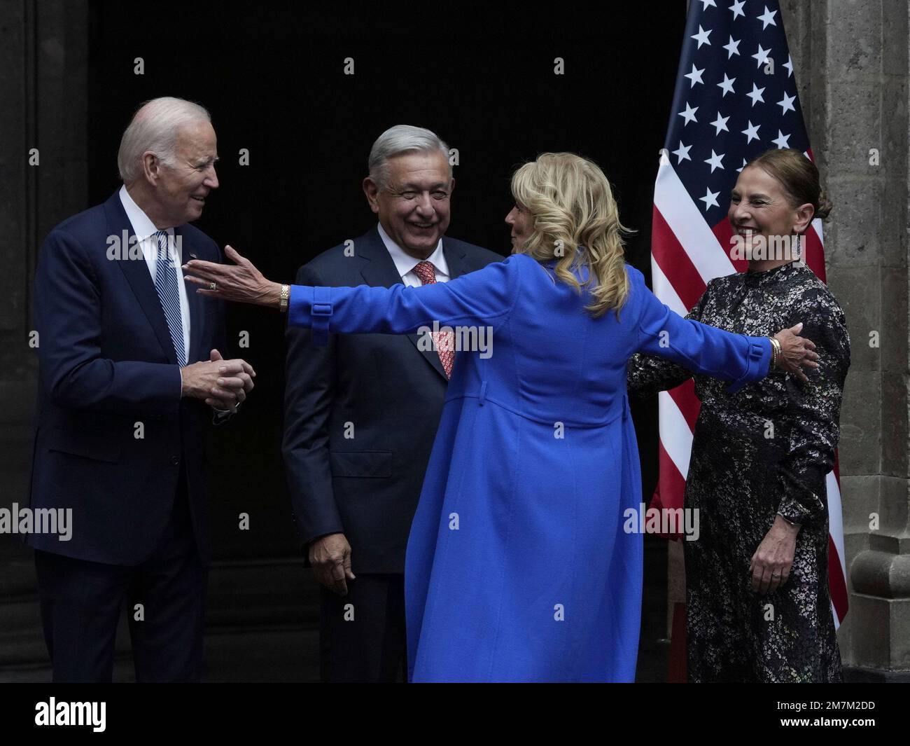 U.S. First Lady Jill Biden opens her arms to embrace Mexico's President ...