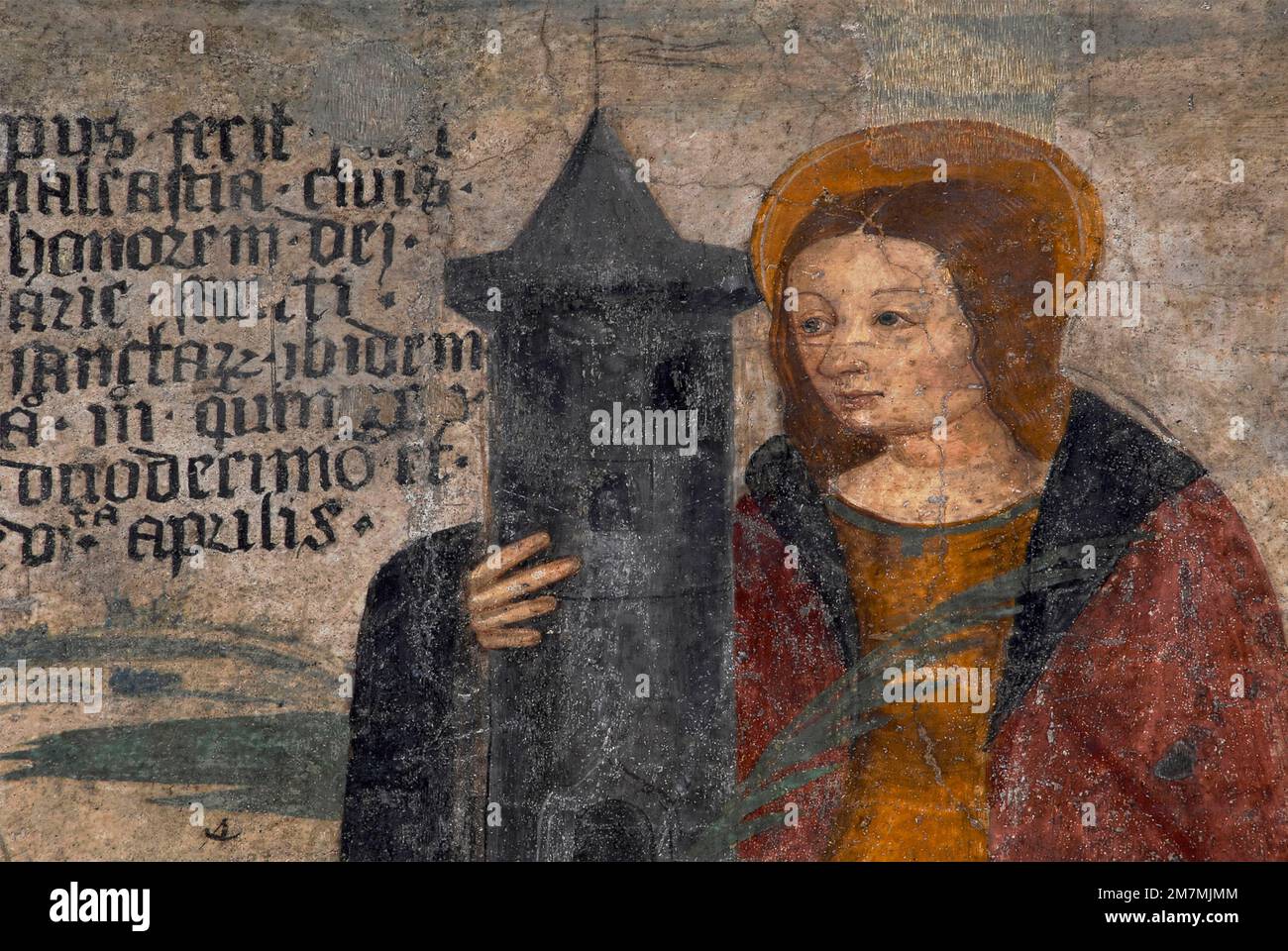 Die Heilige Barbara mit goldenem Heiligenschein hat einen Turm mit drei ...