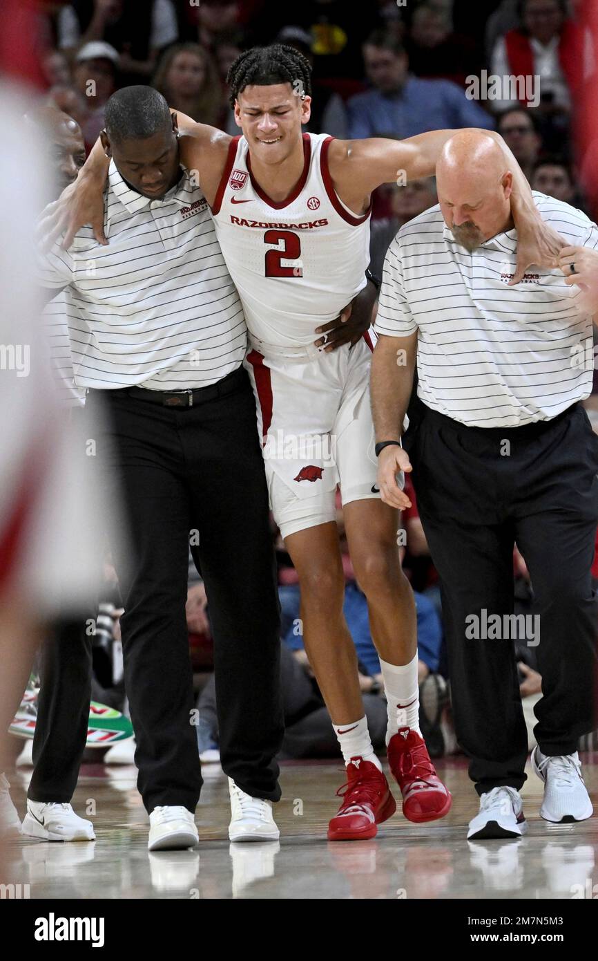 Arkansas forward Trevon Brazile (2) is helped off the court after an ...