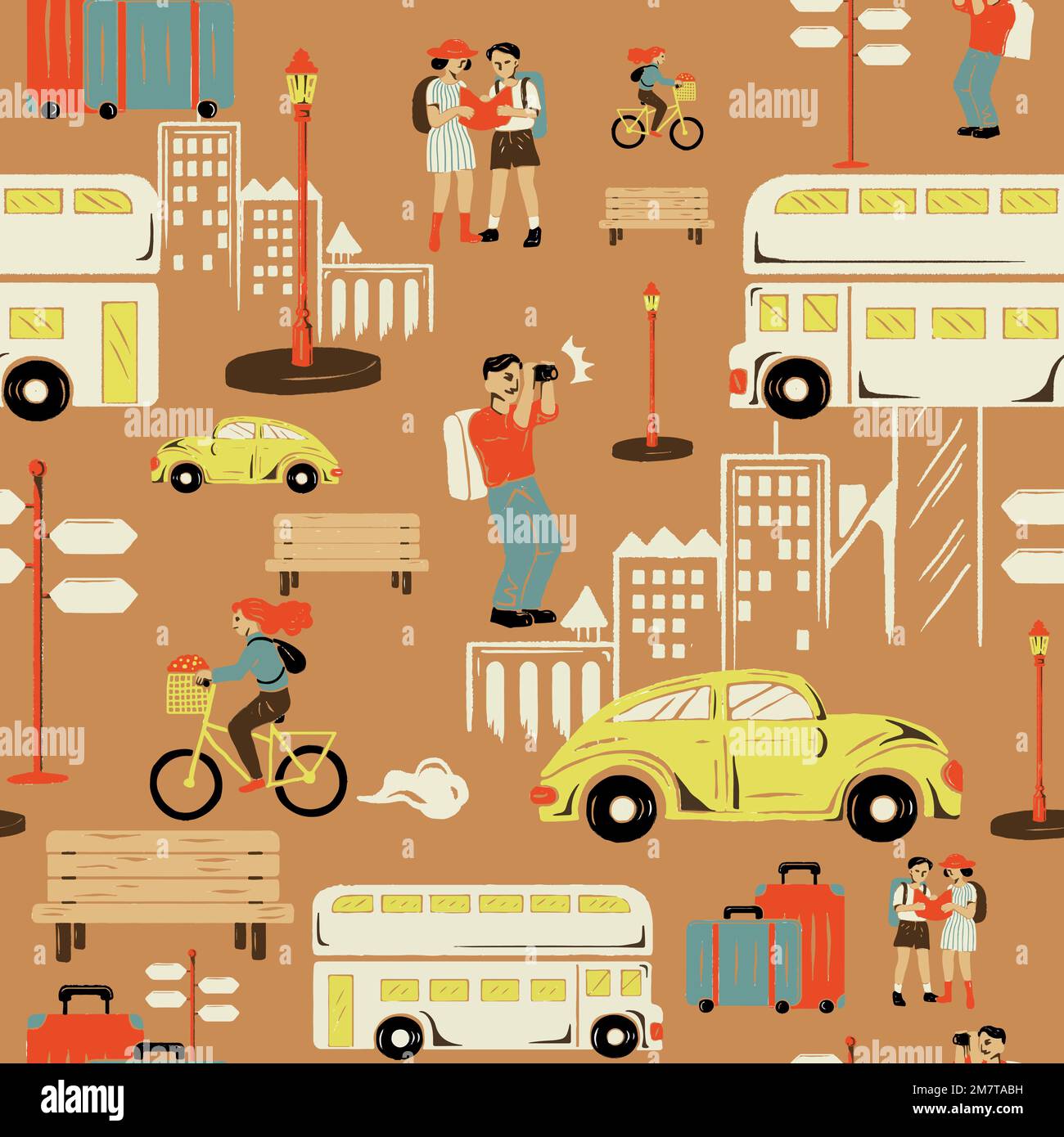 Orange Stadt Tour Muster Vektor mit Touristen Cartoon Illustration ...