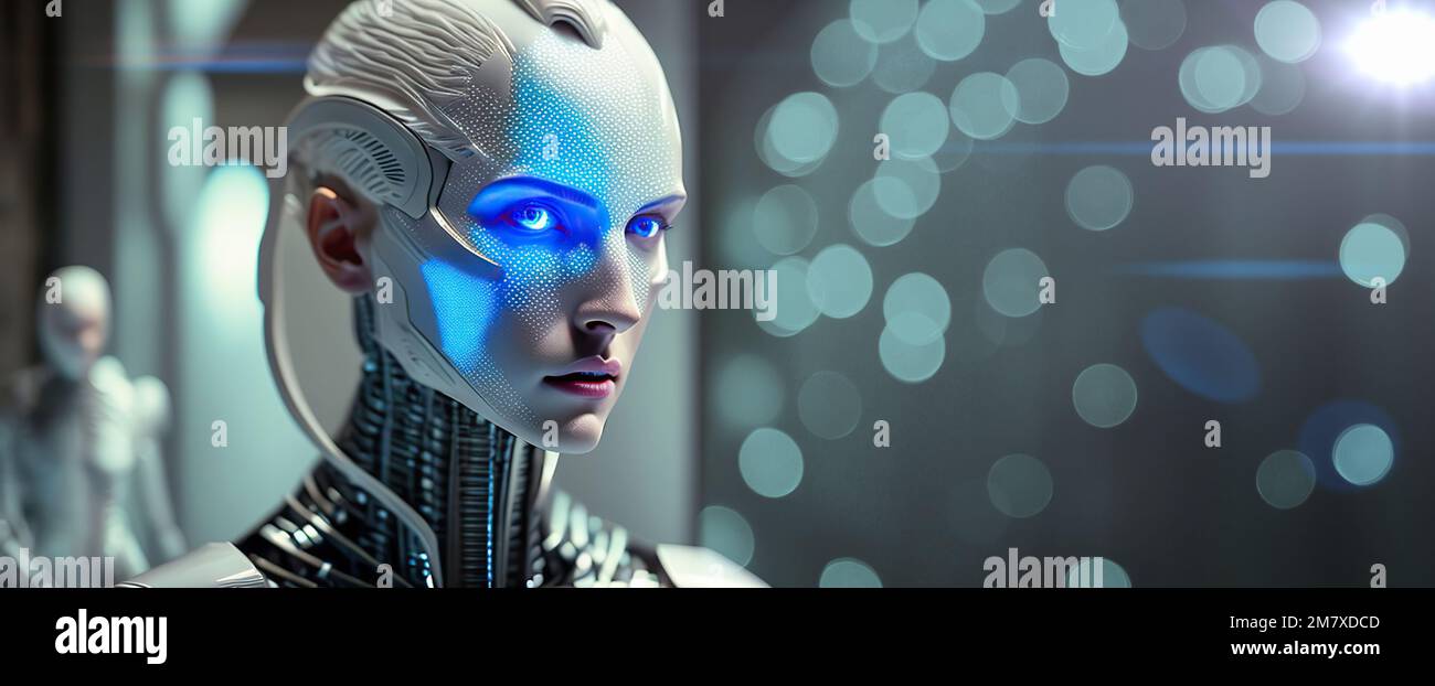 Leiter der anthropomorphen Cyborg-Roboter-KI. Porträt künstlicher ...