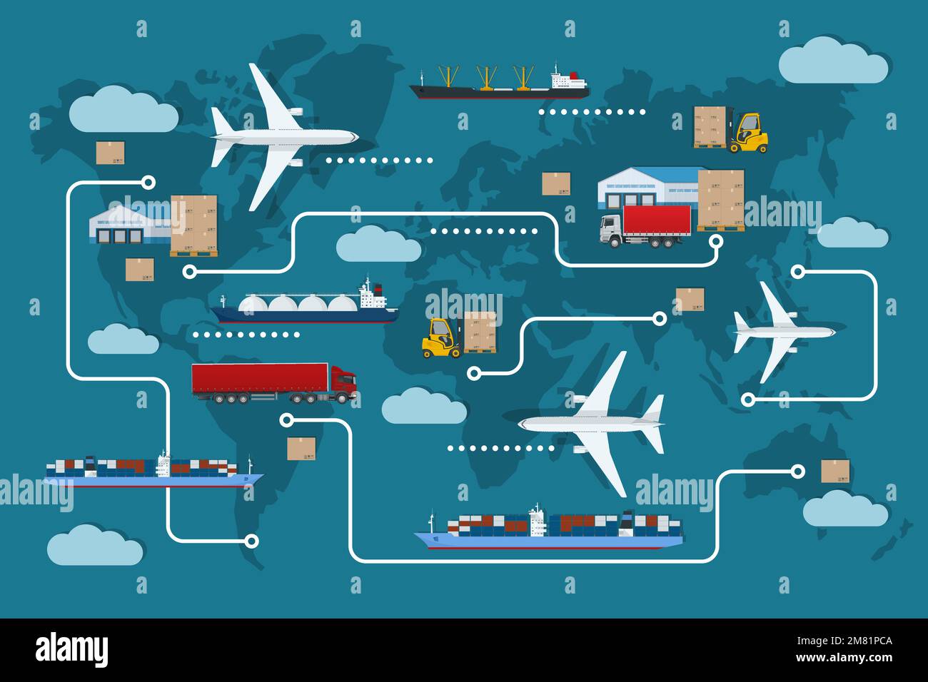Globales Logistiknetz. Luftfracht, Schienenverkehr, Seeschifffahrt ...