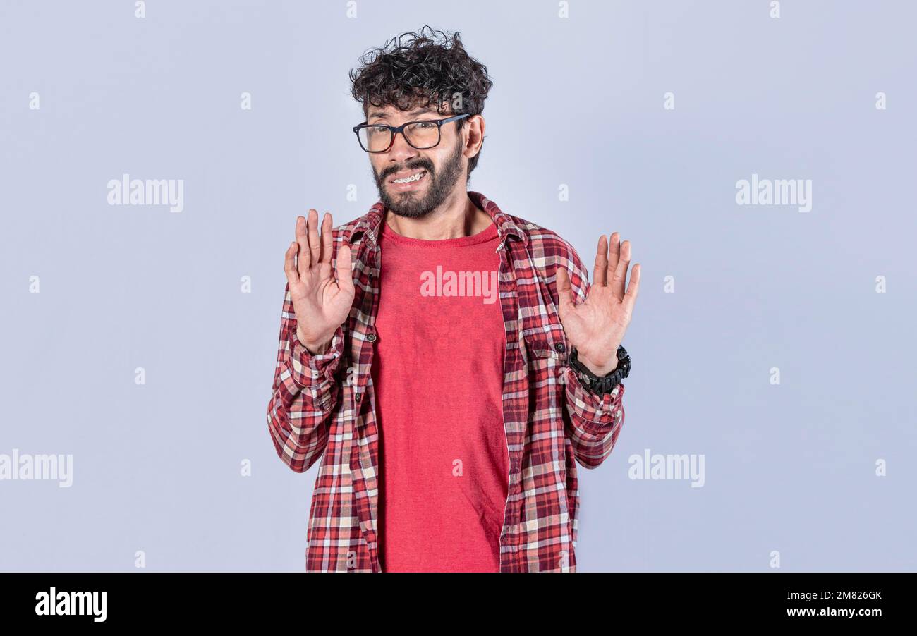 Person mit Leugnen-Ausdruck, die die Hände bewegt. Ein Mann mit leugnen ...